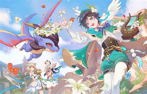 Lumine Venti Paimon And Mini Durin Genshin Impact Drawn By