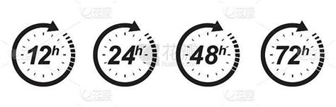12、24、48和72小时的时钟标志图标。服务开放时间、工作时间或送货服务时间符号，白色背景上孤立的