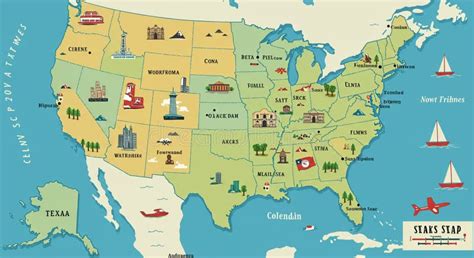 Stylized Map Of The United States Showcasing Various Landmarks And