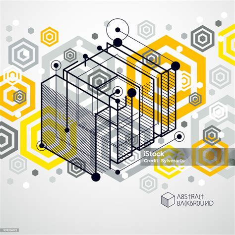 아이소메트릭 추상적인 선형 차원 큐브 모양으로 노란 배경 3d 메쉬 요소 벡터 큐브 육각형 사각형 사각형 및 다른 추상 요소