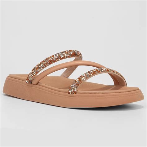 Rasteira Moleca Flatform Strass Tiras Feminina Caramelo Compre Agora