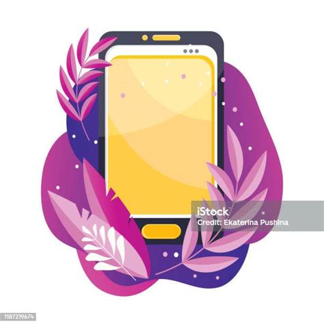 컬러 스크린과 메뉴 버튼과 카메라 벡터가있는 스마트 폰 식물 중 컬러 배경에 노란색 화면과 휴대 전화 전화 벡터 아이콘 디자인 템플릿입니다 노란색 텍스트 상자입니다 0명에