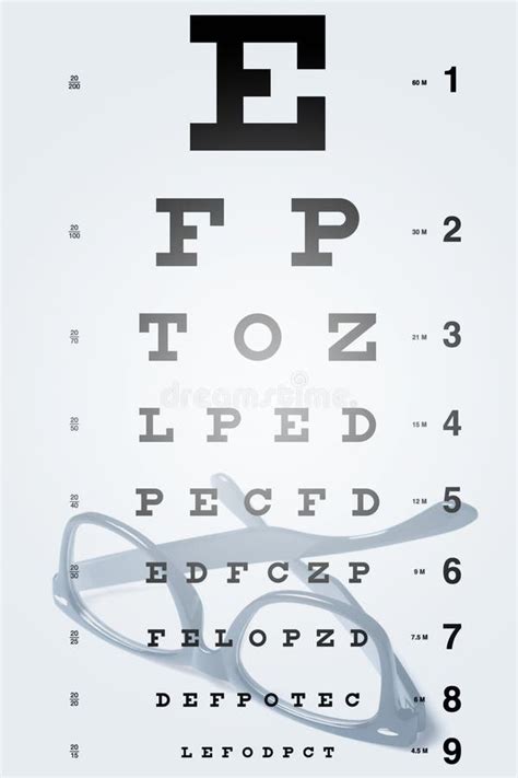 Eye Chart For Visual Acuity Testing And Black Rimmed Eyeglasses Stock