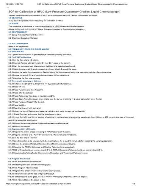 Sop For Calibration Of Hplc Low Pressure Quaternary Gradient Liquid Chromatograph