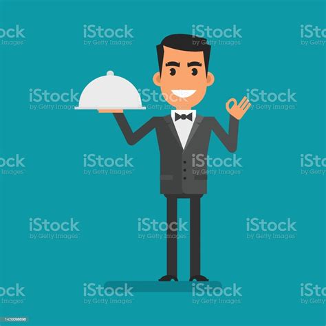 Waiter Holding Tray And Showing Ok Gesture Stock Illustration Download Image Now Adult