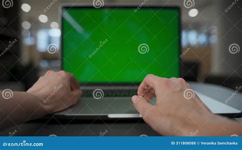 Unknown Woman Scrolling Touchpad At Chroma Key Laptop At Lounge Ceo