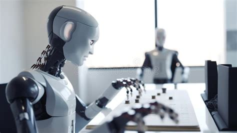 Ai Generated Humanoid Robot Working On Laptop Computer In Modern Office