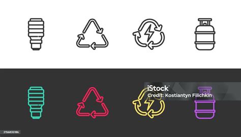 흑백에 라인 Led 전구 재활용 기호 재활용 배터리 및 프로판 가스 탱크를 설정합니다 벡터 0명에 대한 스톡 벡터 아트 및 기타 이미지 Istock