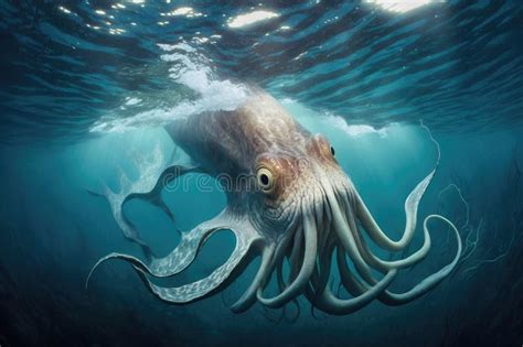 A Giant Squid Swimming Through The Ocean Its Tentacles Undulating