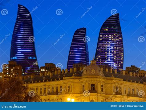 Night View Of City With Flame Towers Baku Editorial Photography