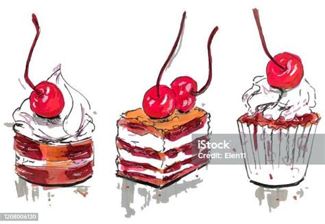 체리 손으로 그린 마커 스케치 Eps10 벡터 일러스트가 있는 3개의 달콤한 타르틀릿 세트 3가지 개체에 대한 스톡 벡터 아트