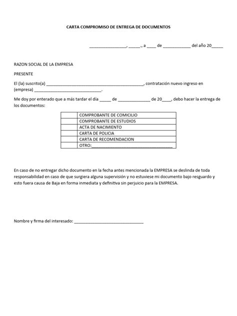 Carta Compromiso De Entrega De Documentos Pdf