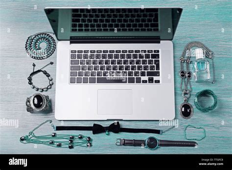Laptop And Female Accessories On Wooden Table Top View Stock Photo Alamy