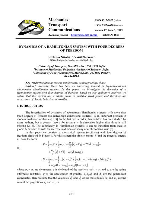 Pdf Dynamics Of A Hamiltonian System With Four Degrees Of Freedom