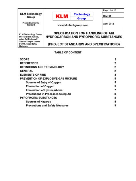 Project Standards And Specifications Handling Of Hydrocarbon And Pyrophoric Substances Rev01