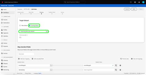 create an api streaming connection using the ui adobe experience