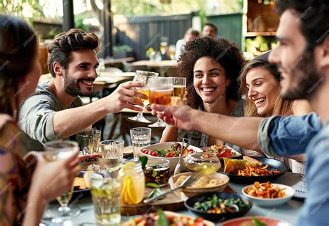 Photo Portrait Of Happy People Friends Eating Together In Restaurant