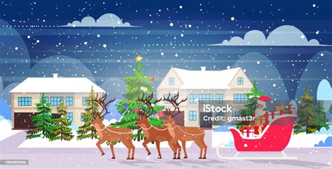 산타 클로스 순록 메리 크리스마스 새해 겨울 휴일 축하 개념 눈 덮인 시골 풍경 배경 수평 전체 길이와 썰매에 타고 12월에 대한 스톡 벡터 아트 및 기타 이미지 Istock