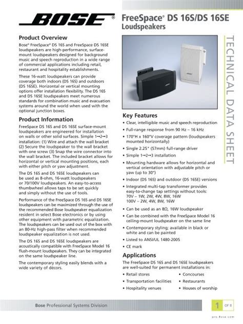 Freespace Ds 16s Ds 16se Loudspeakers Tech Data Sheet