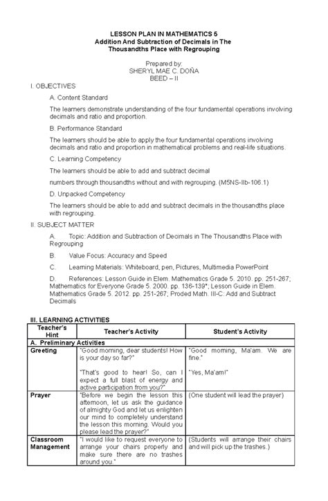 Lesson Plan For Grade 9 Mathematics