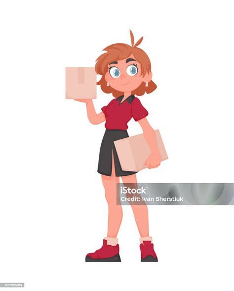 빨간 유니폼을 입은 배달원이 종이 상자를 들고 웃고 있습니다 귀여운 소녀 벡터 만화 스타일로 상품을 배달 개념에 대한 스톡 벡터