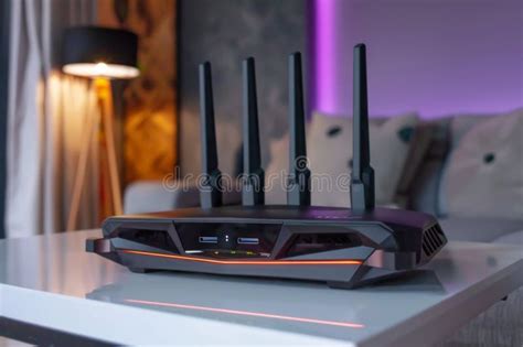 Router On Table In Cozy Living Room With Hardwood Flooring Stock Image