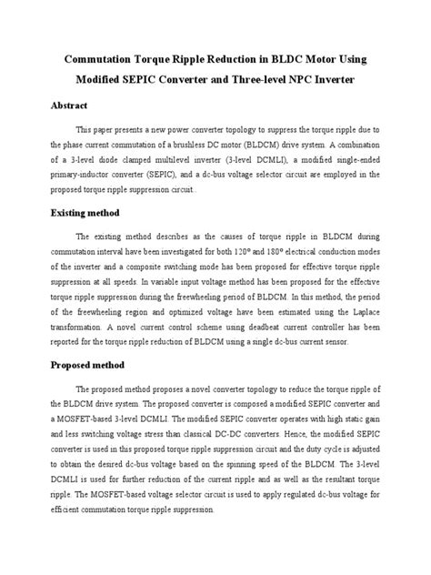 Commutation Torque Ripple Reduction In Bldc Motor Using Modified Sepic Converter And Three Pdf