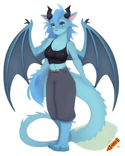 Light Blue Anthro Dragon With Wings And Black Horns In A Loose Black