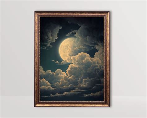 Moon And Clouds Antique Celestial Wall Art Moody Night Sky Painting