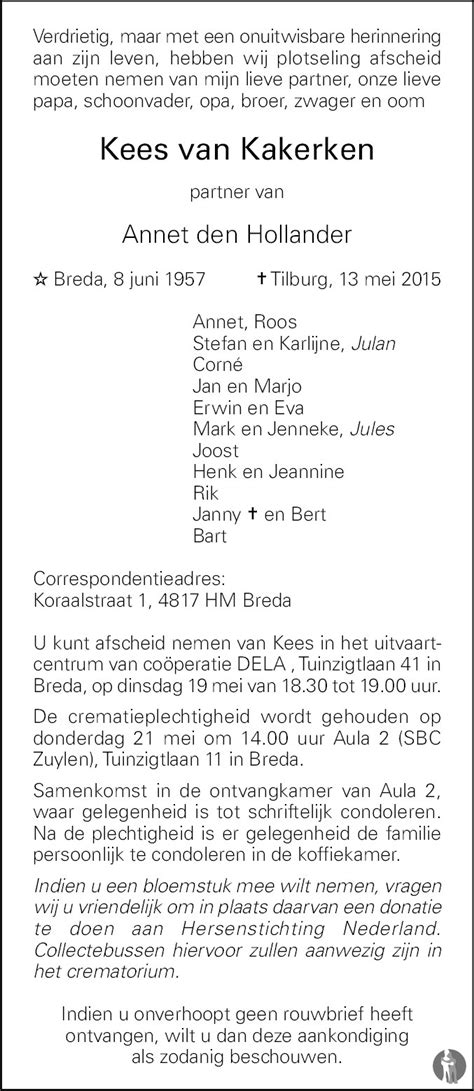 Kees Van Kakerken 13 05 2015 Overlijdensbericht En Condoleances