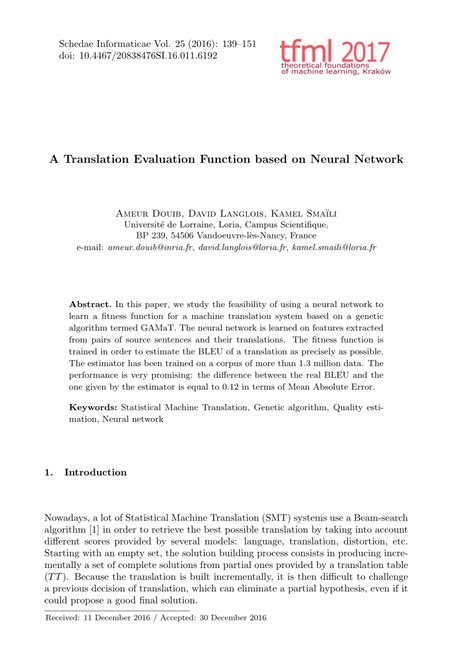 Pdf A Translation Evaluation Function Based On Neural Network