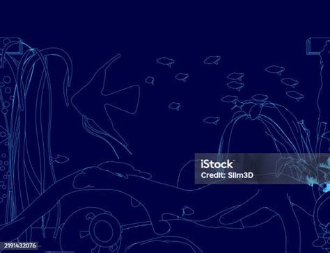 물고기와 함께 푸른 배경 수족관 물고기가 헤엄치고 있습니다 경사로 표지판에 대한 스톡 벡터 아트 및 기타 이미지 경사로 표지판 골동품 그라인더 산업 장비 Istock