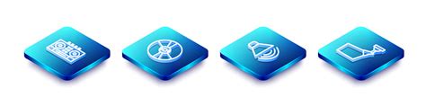 아이소메트릭 라인 Dj 리모컨 및 믹싱 음악 Cd 또는 Dvd 디스크 스피커 볼륨 및 영화 스포트라이트 아이콘을 설정합니다 벡터 3차원 형태에 대한 스톡 벡터 아트 및 기타