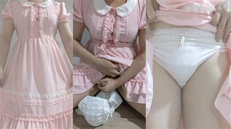 Crossdresser Wearing A Pink Dress And Jerking Off On A Pull Up Diaper