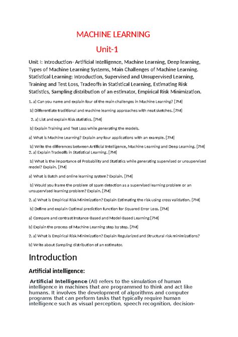 Machine Learning Unit 1 Machine Learning Unit Unit I Introduction Artificial Intelligence