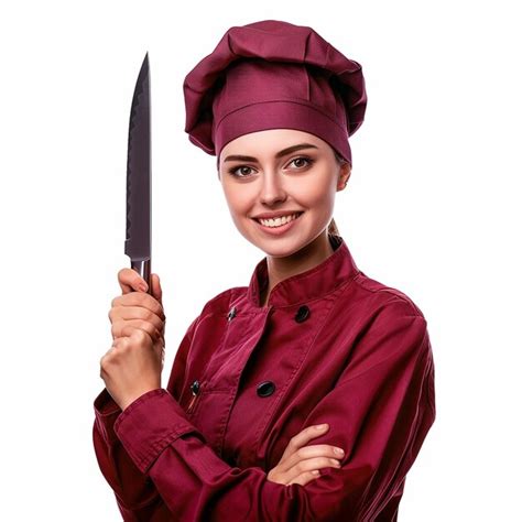 Female Chef With Knife In Light Red Color Kit Isolated On A White Background Premium Ai
