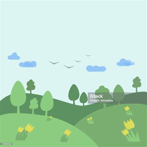 녹색 잔디 노란 꽃 나무 새와 구름 봄 배경 텍스트에 대 한 배치 농장에 대한 스톡 벡터 아트 및 기타 이미지 농장 받아 침 계절 Istock