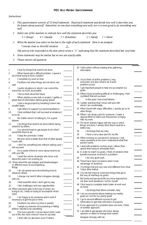 Pec Questionnaire And Score Sheet 1 Pec Self Rating Questionnaire