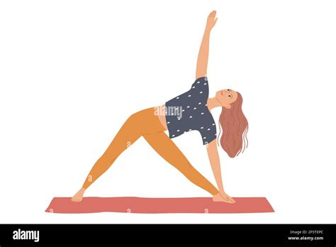 woman performs yoga exercises by bending to the side and raising her