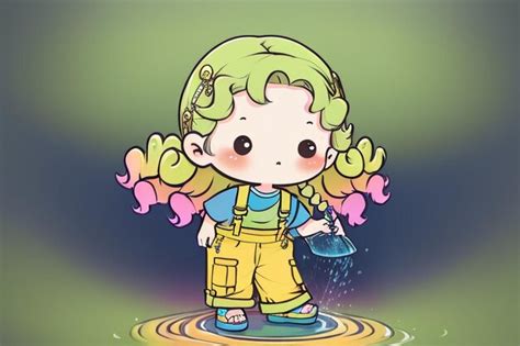 Premium Photo Cartoon Anime Long Hair Big Eyes Girl Wearing Overalls Simple Background