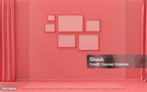 단단한 편평한 파스텔 밝은 분홍색 단색 안쪽에 여섯 개의 프레임을 가진 벽 모형 0명에 대한 스톡 사진 및 기타 이미지 0명