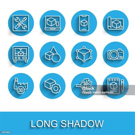 라인 인쇄소 산업 아이소메트릭 큐브 3d 프린터 설정 경고 종이에 스케치 기본 기하학적 모양 사진 카메라 및 아이콘 설정 벡터 3차원 형태에 대한 스톡 벡터 아트 및 기타