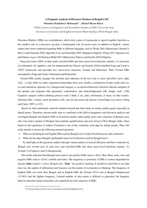Pdf A Pragmatic Analysis Of Discourse Markers In Bengali Cmc