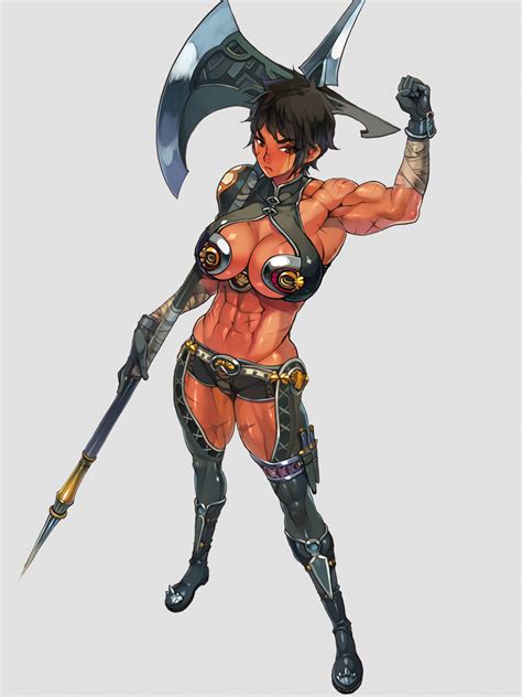 F S Original Highres Resized Upscaled Waifu2x 1girl Abs Armor Axe Bandages Barbarian