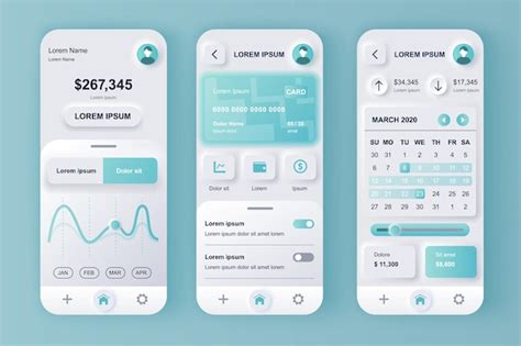 금융 서비스 개념 뉴모픽 템플릿은 금융 거래 Ui Ux Gui 화면을 설정합니다 프리미엄 벡터