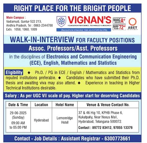 Vignans Foundation For Science Technology And Research Vfstr Guntur Wanted Teaching Faculty