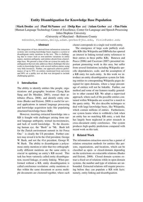 Pdf Entity Disambiguation For Knowledge Base Population