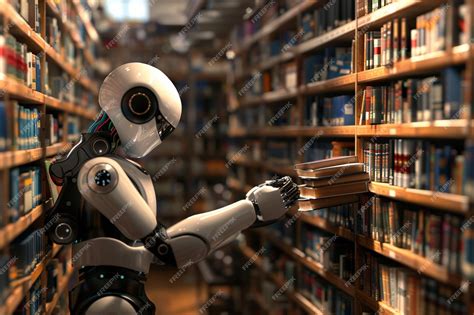 Premium Photo A Robot Librarian Organizing Books In A Library Ar Generative Ai