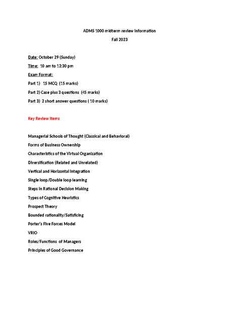ADMS 1000 Midterm Review Information Fall 2023 ADMS 1000 Midterm Review Information Fall 2023