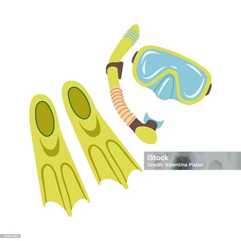 지느러미가 있는 스노클링 장비 마스크 스노클 다이빙 수중 안경 마스크와 호흡 튜브 오리발 여름 활동 장비 해변 활동 여행 인쇄 스티커에 대 한 벡터 그림 관광에 대한 스톡